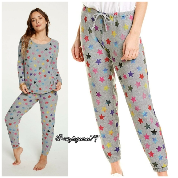 Chaser | Pants & Jumpsuits | Nwt Chaser Rainbow Star Gray Lounge Pants ...